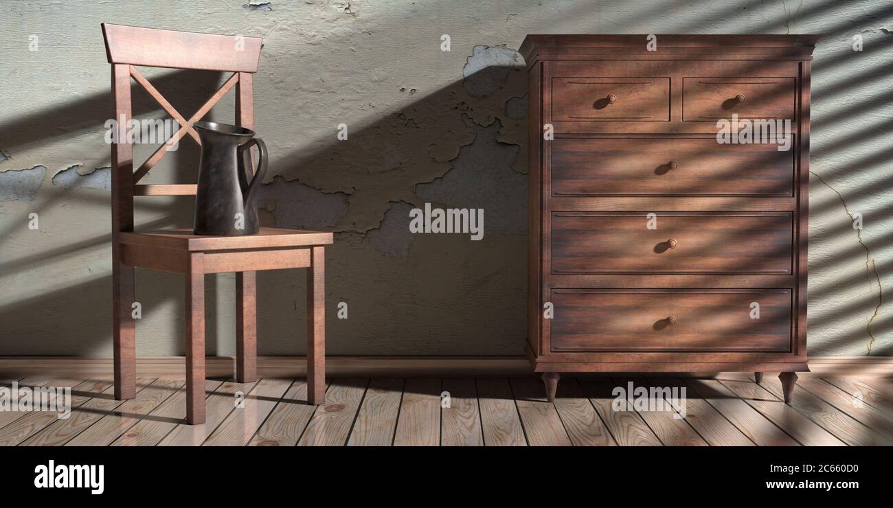 Home living room interior vintage furniture. Chest of drawers and metal ...