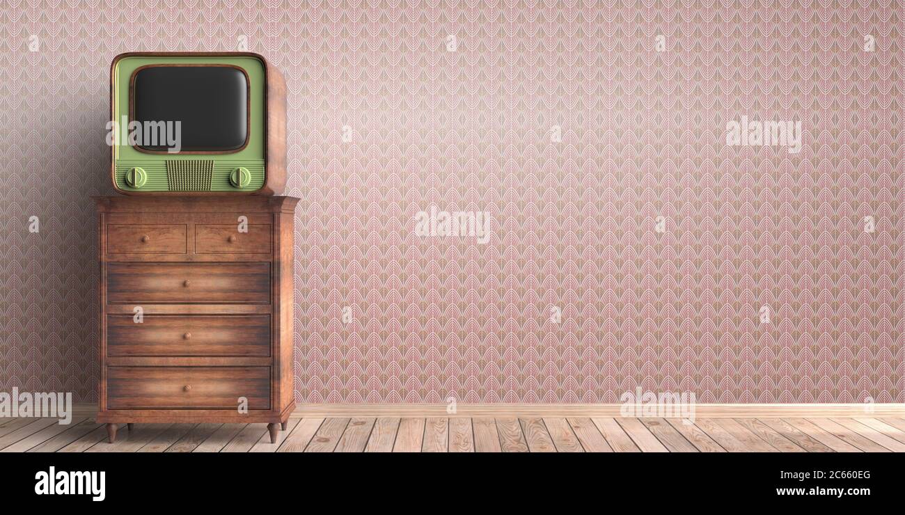 Home living room interior, Vintage TV on a wooden drawer chest.. Art ...