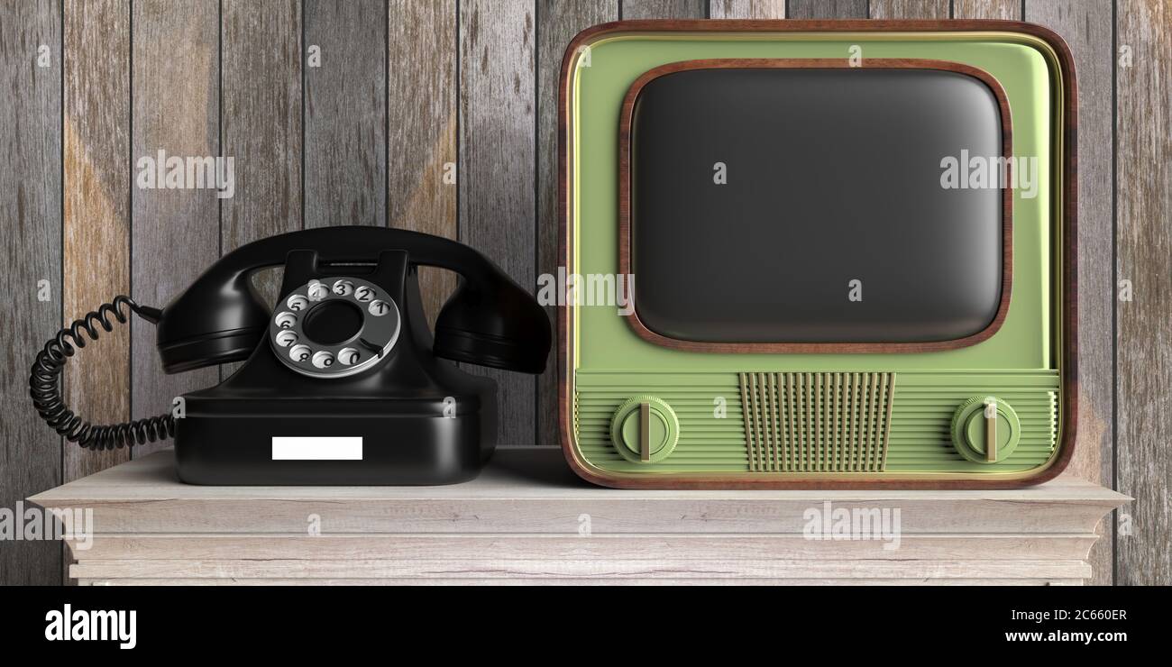 Vintage telephone and TV. Retro old fashioned phone and television on ...