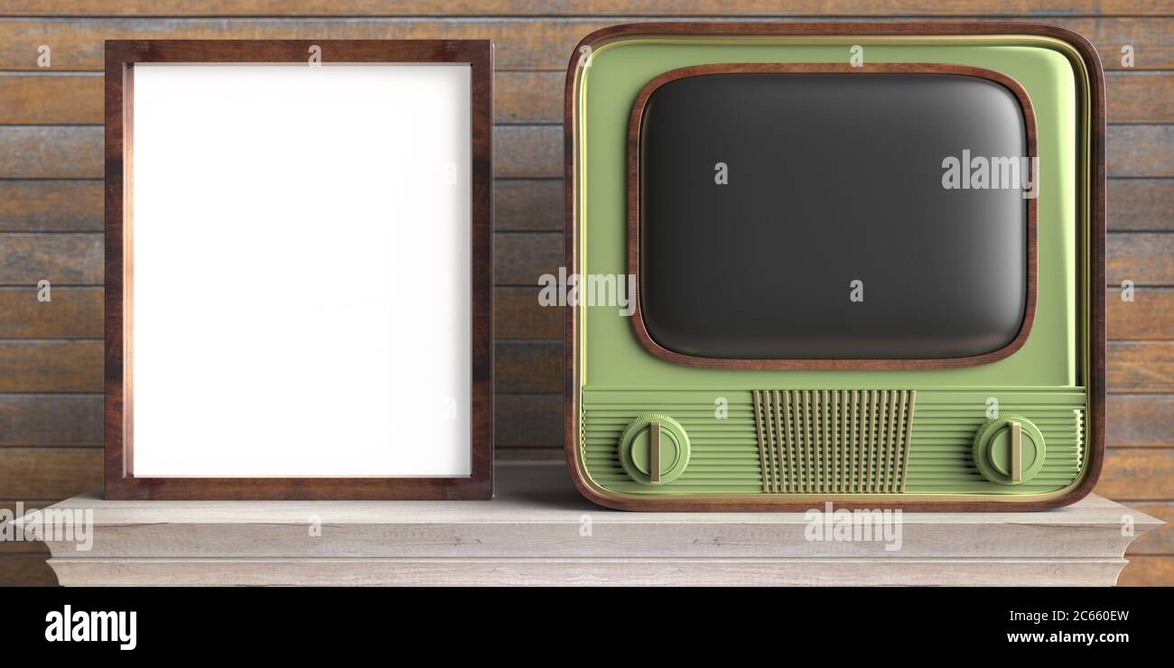 Vintage TV and empty photo frame, wooden wall background. Picture frame ...