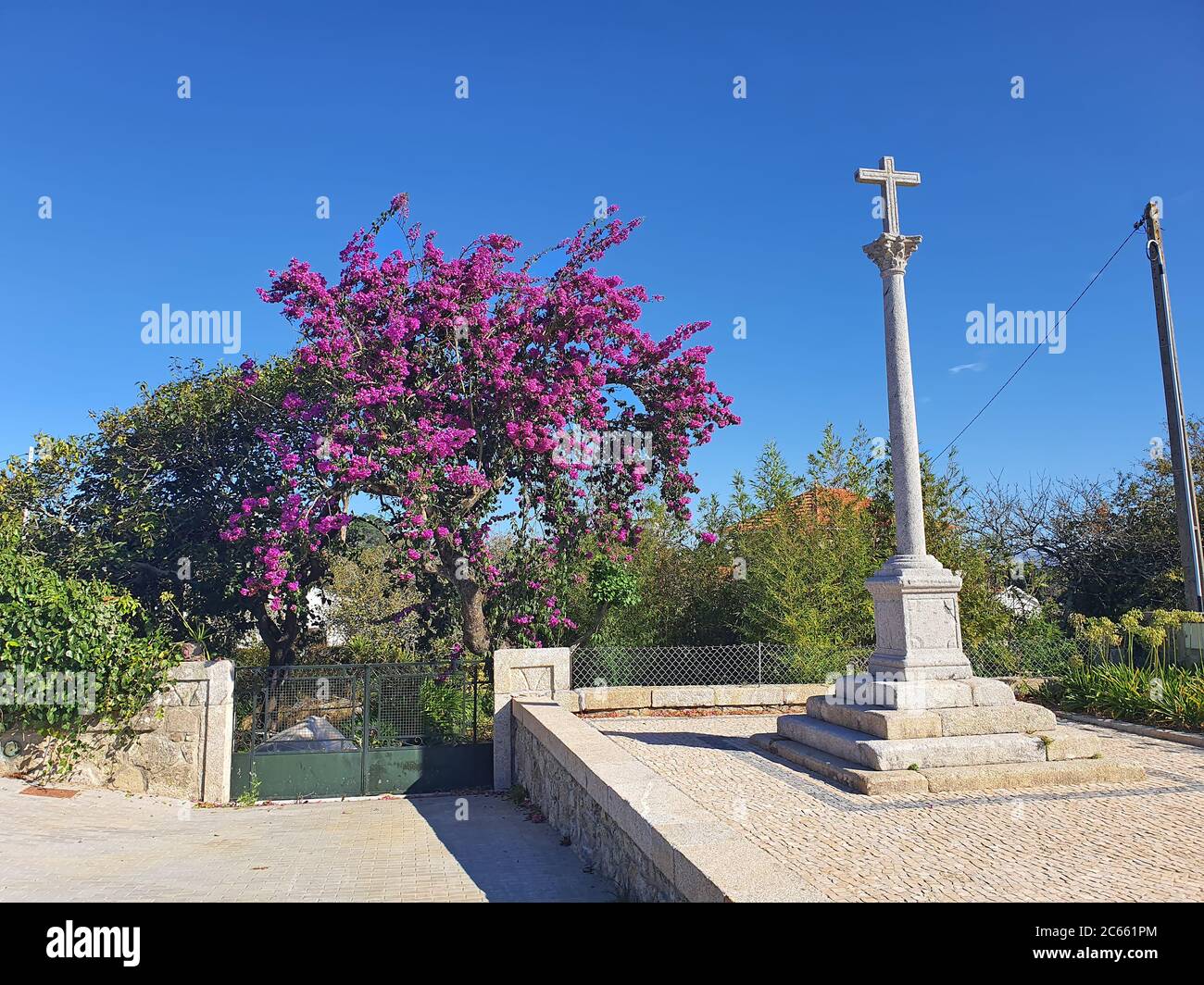 Portuguese village landscape: cross monument and exotic plants Stock ...