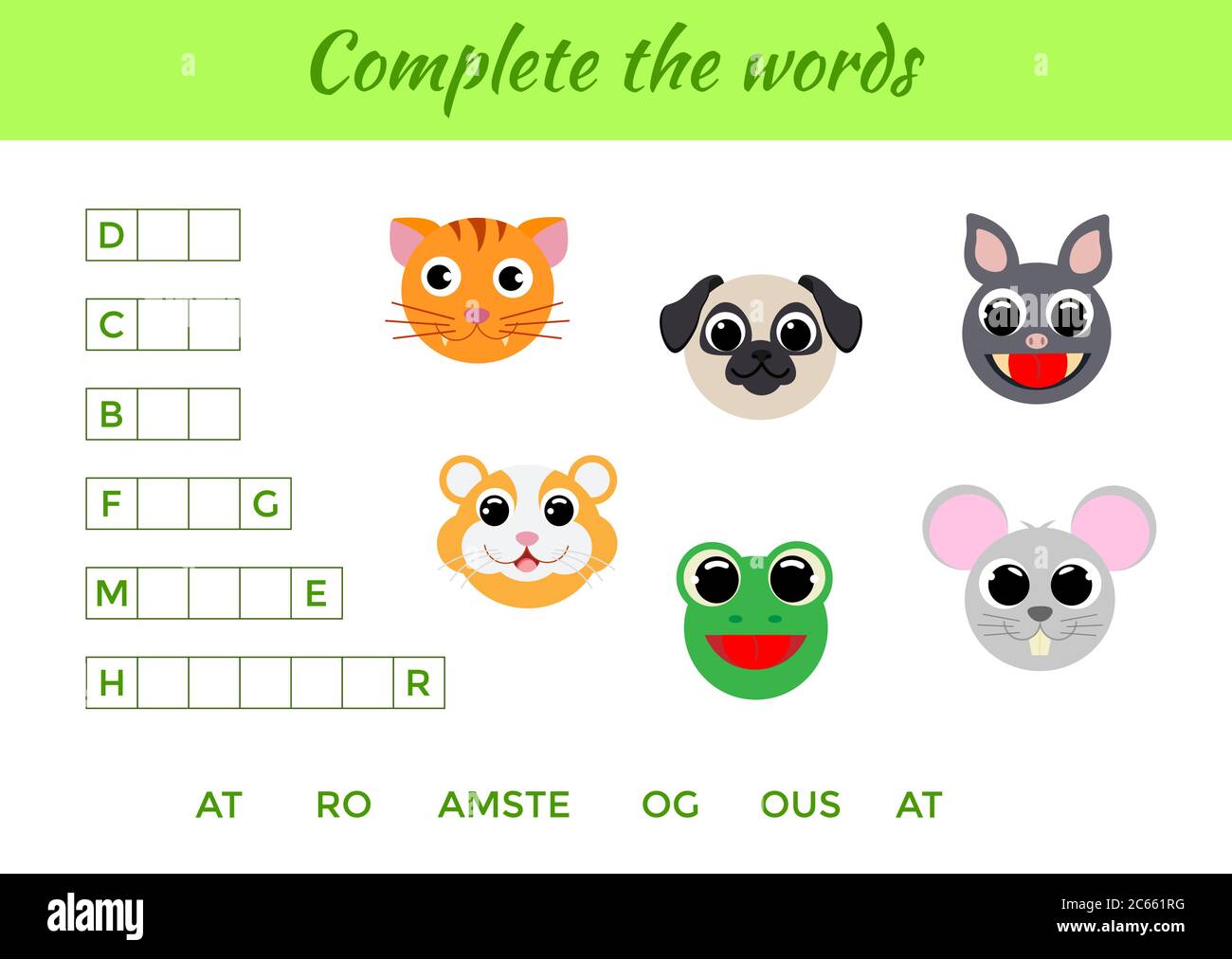 Matching educational game for children with cute animals. Write missing ...