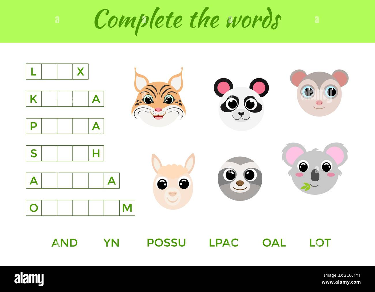 Matching educational game for children with cute animals. Write missing ...