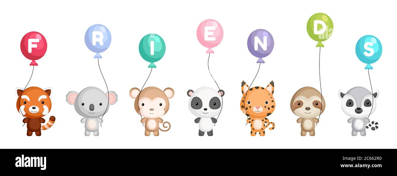 Group of cute animals. Cartoon animals stand and hold balloons in their ...