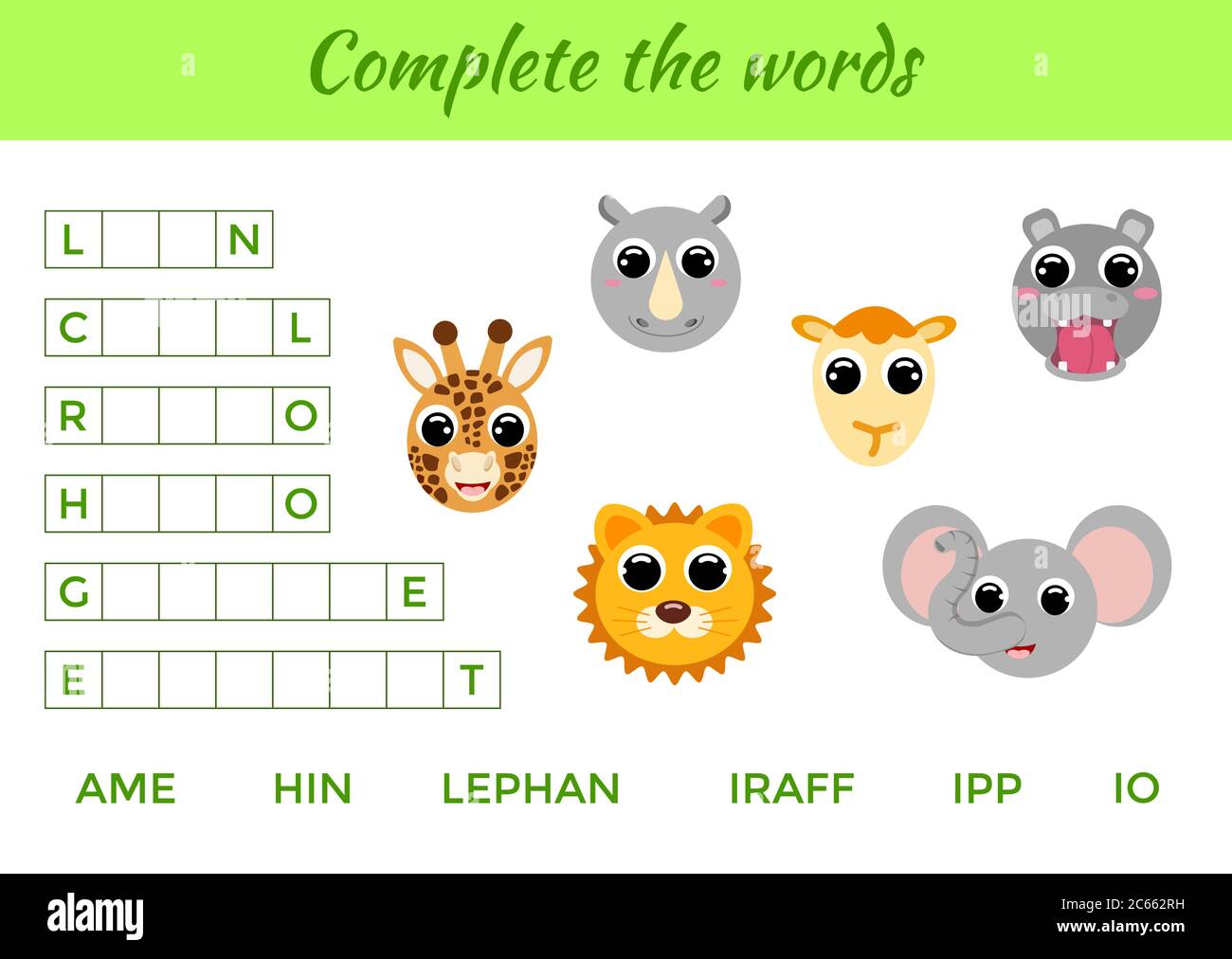 Matching educational game for children with cute animals. Write missing ...
