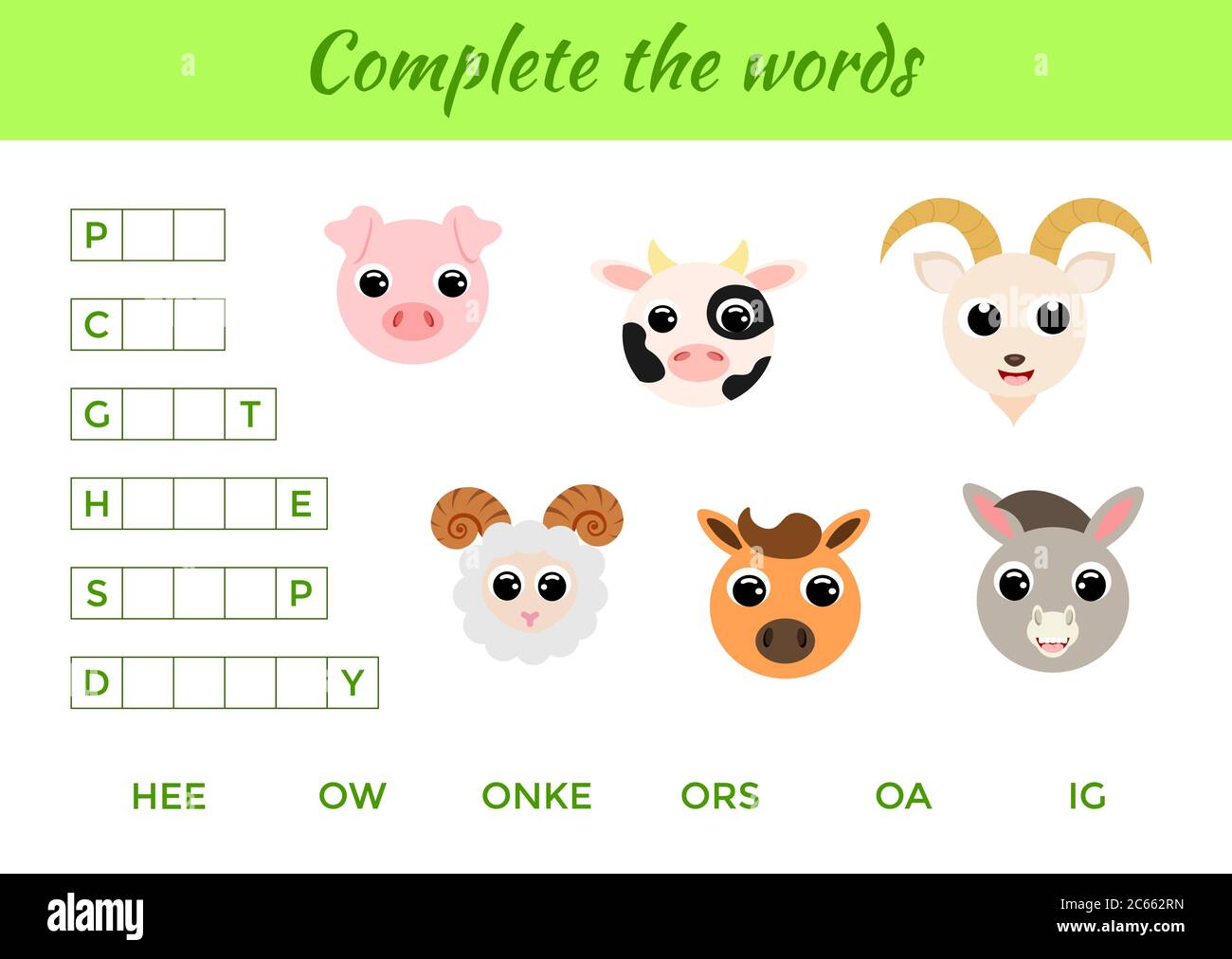 Matching educational game for children with cute animals. Write missing ...