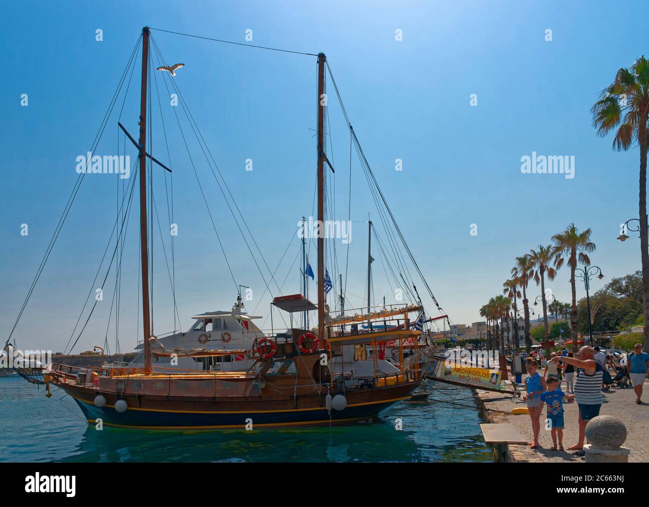 Greece, Kos Island, Mandraki Port excursion boats, Europe Stock Photo ...