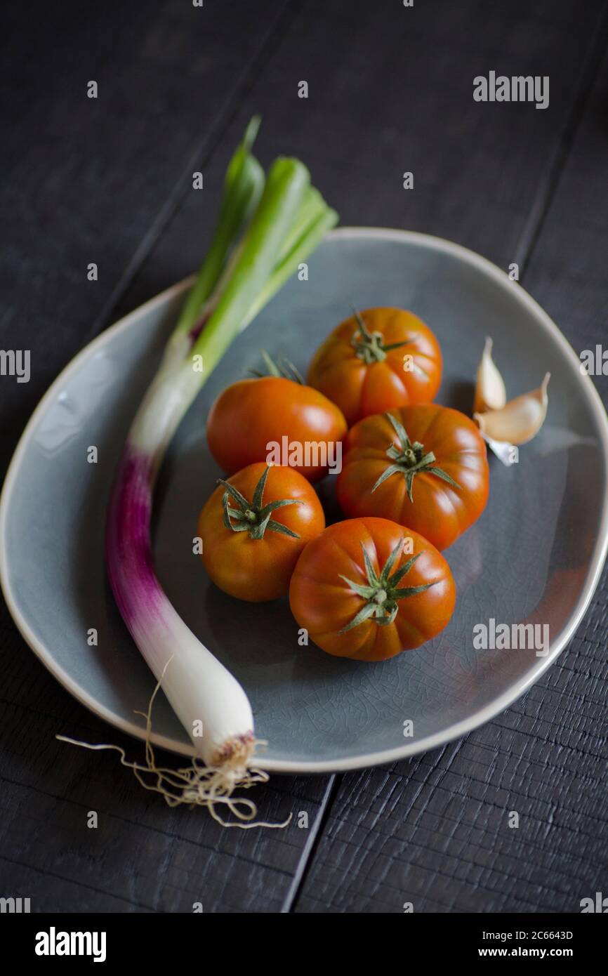 Tomatoes and onions on plates hi-res stock photography and images - Alamy