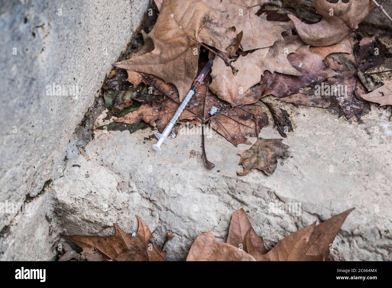 Drug consumption, syringe on the ground in leaves Stock Photo - Alamy