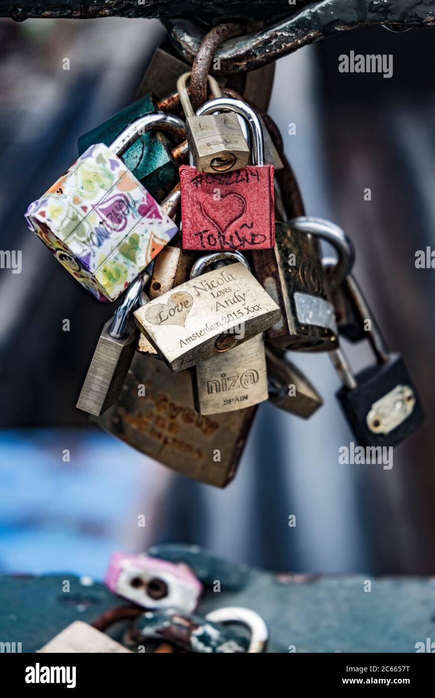 Love castles at a bridge in Amsterdam, Holland, Netherlands Stock Photo ...