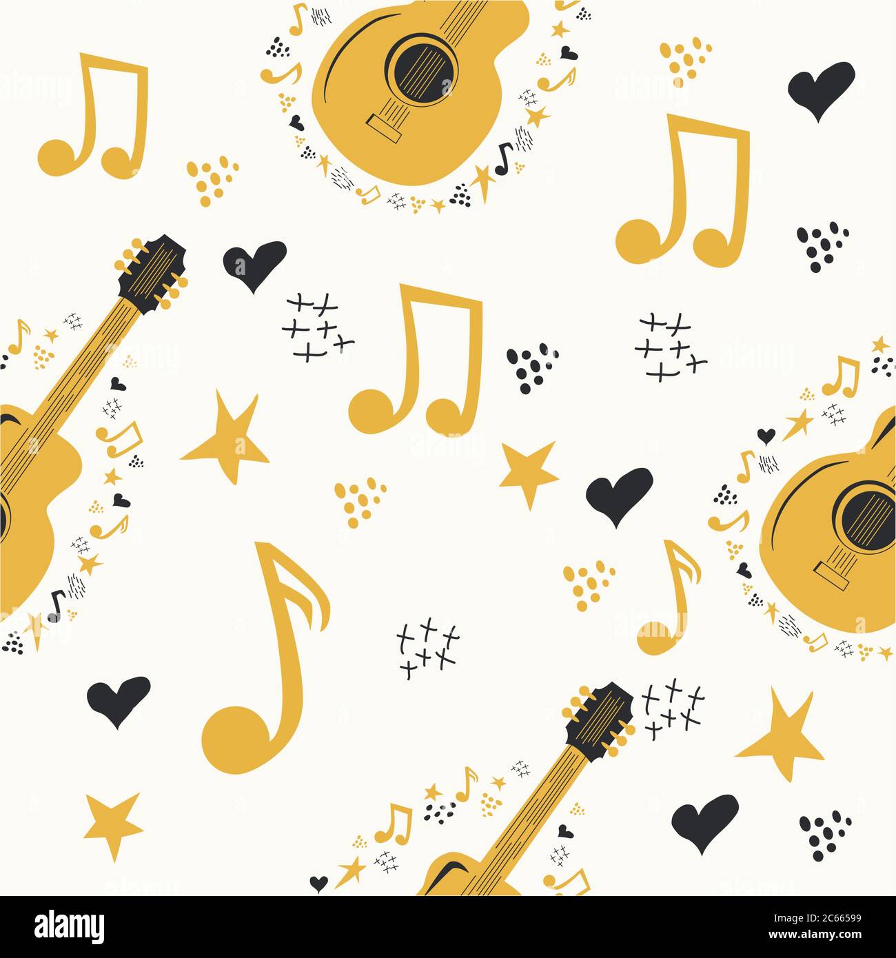 Hand-drawn musical seamless pattern with country guitar, stars, notes ...
