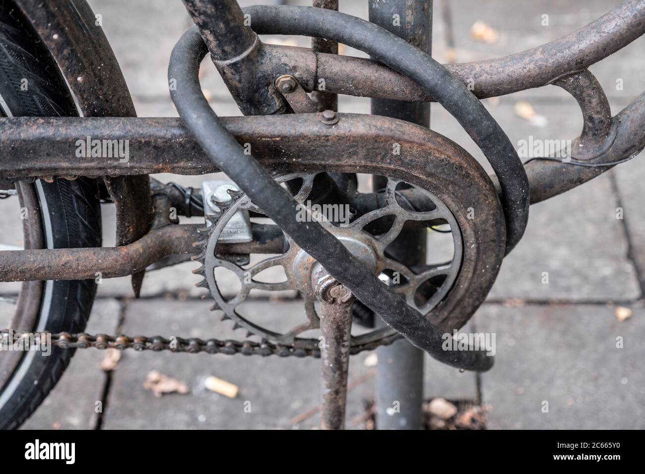 Old bicycle with lock, close-up, detail Stock Photo - Alamy