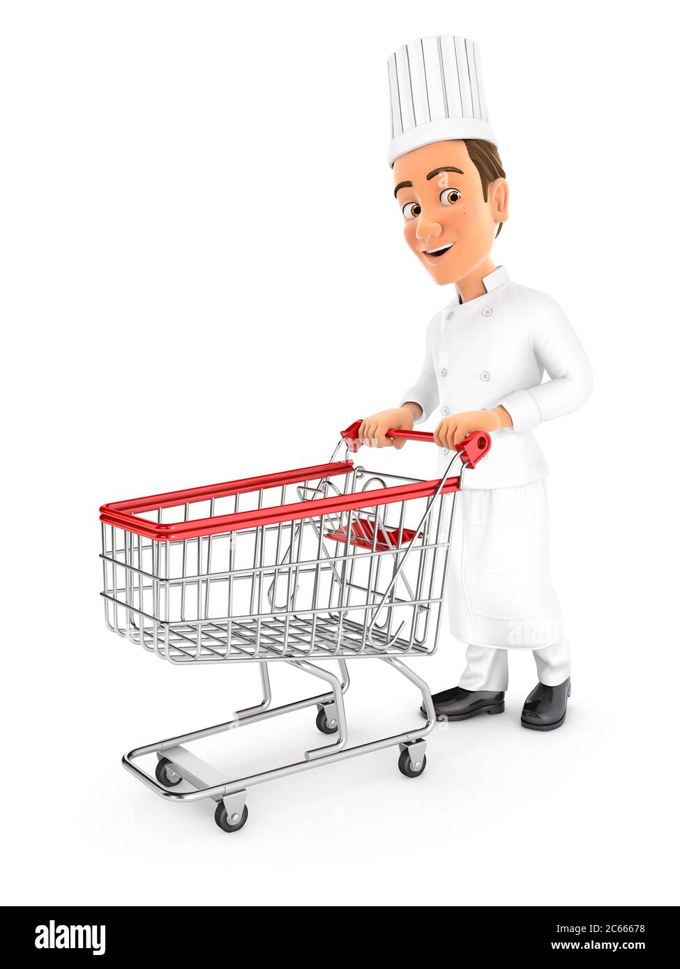 3d head chef pushing supermarket trolley, illustration with isolated ...