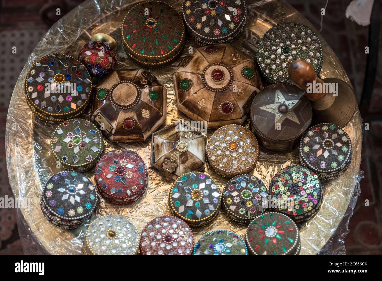 Small wooden boxes with inlaying in a souk in Marrakech, Morocco Stock ...