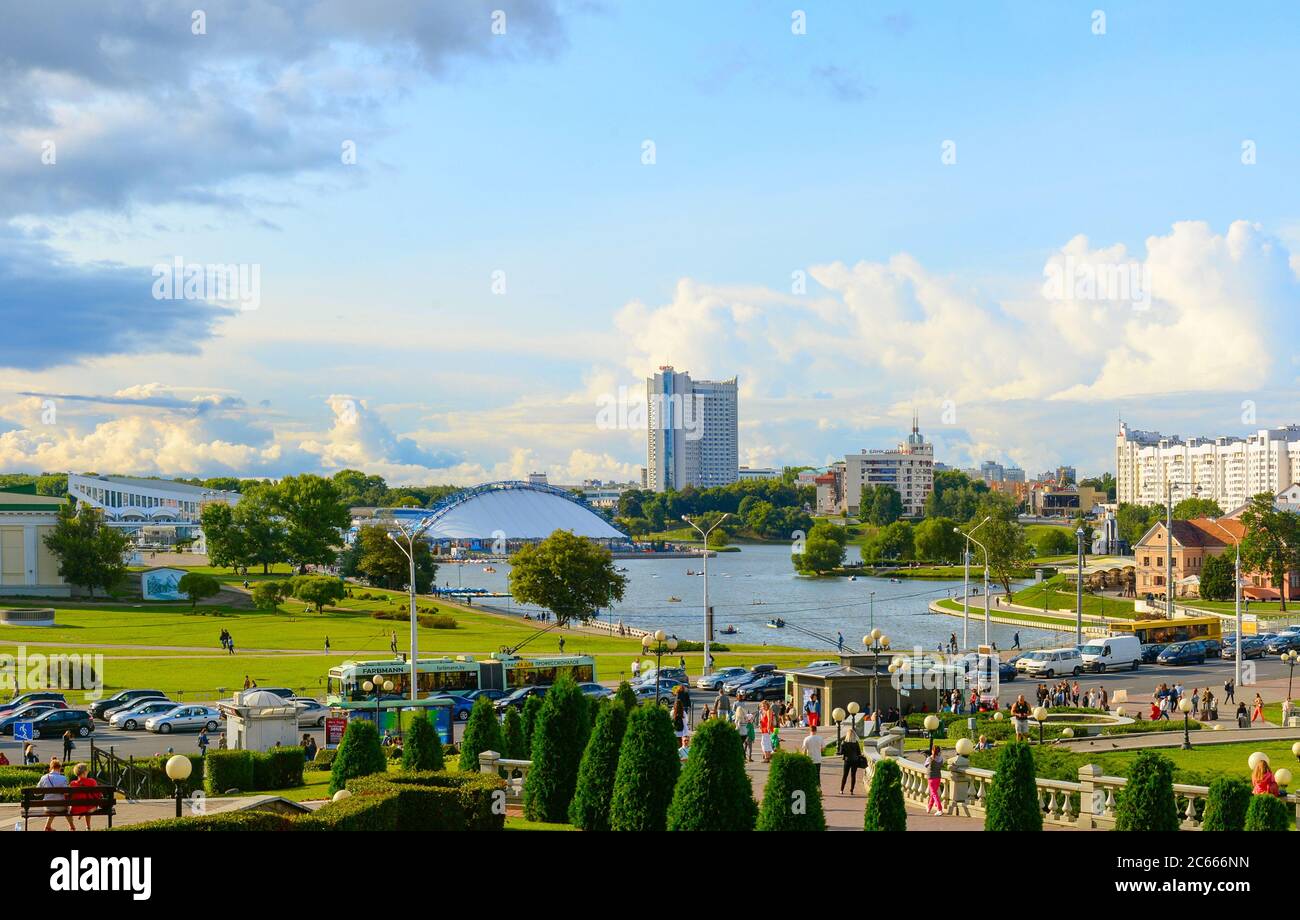 MINSK, BELARUS - JULY 17, 2019: View of Minsk city center with lake ...