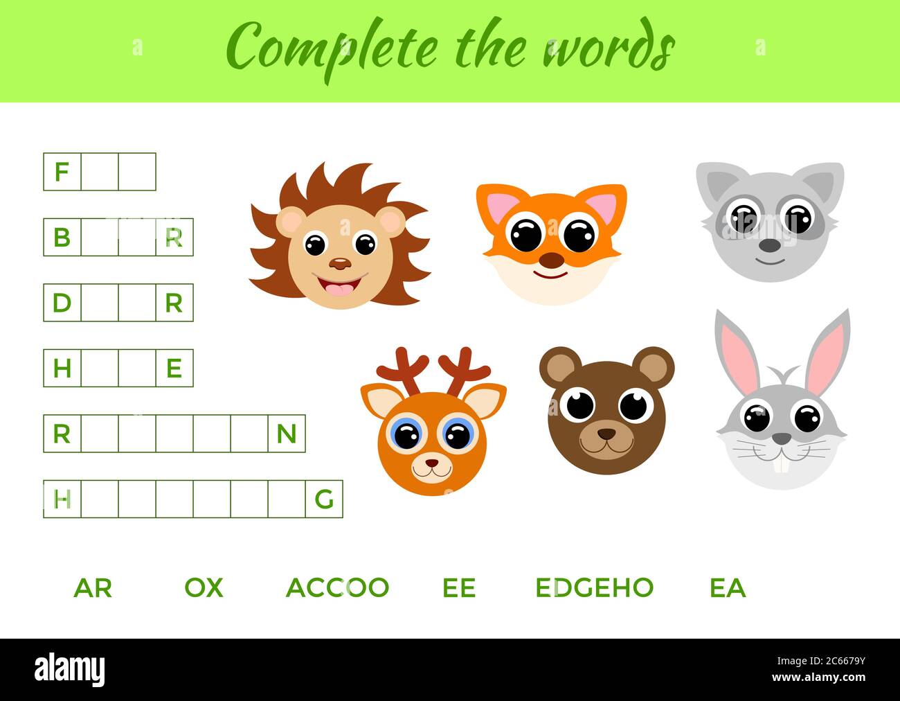 Matching educational game for children with cute animals. Write missing ...