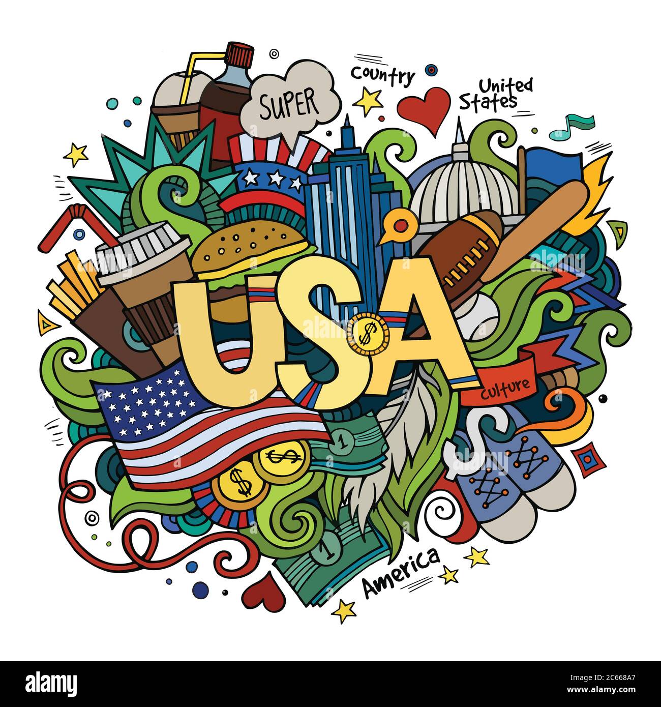 USA hand lettering and doodles elements background Stock Vector Image ...