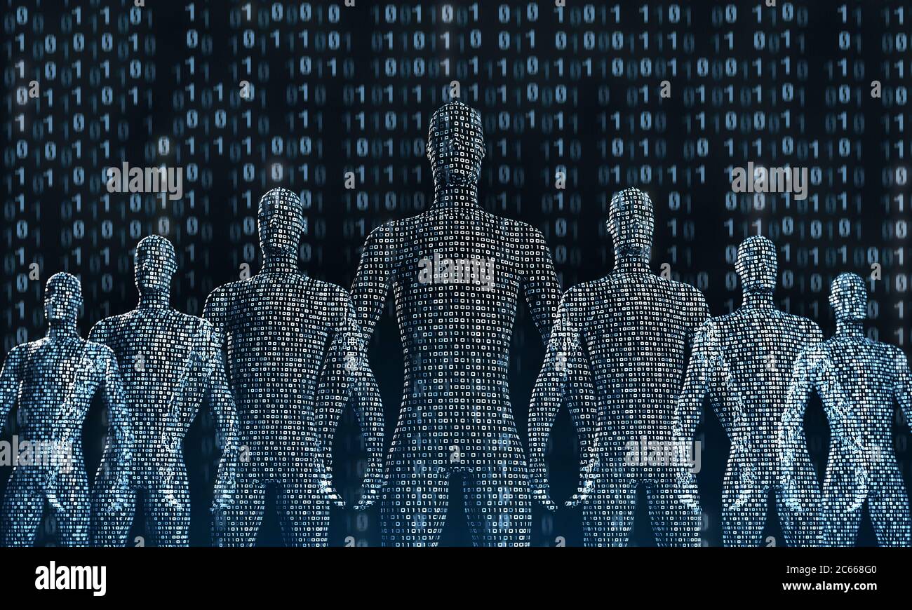 Crowd of standing digital people. The concept of the symbiosis of man ...