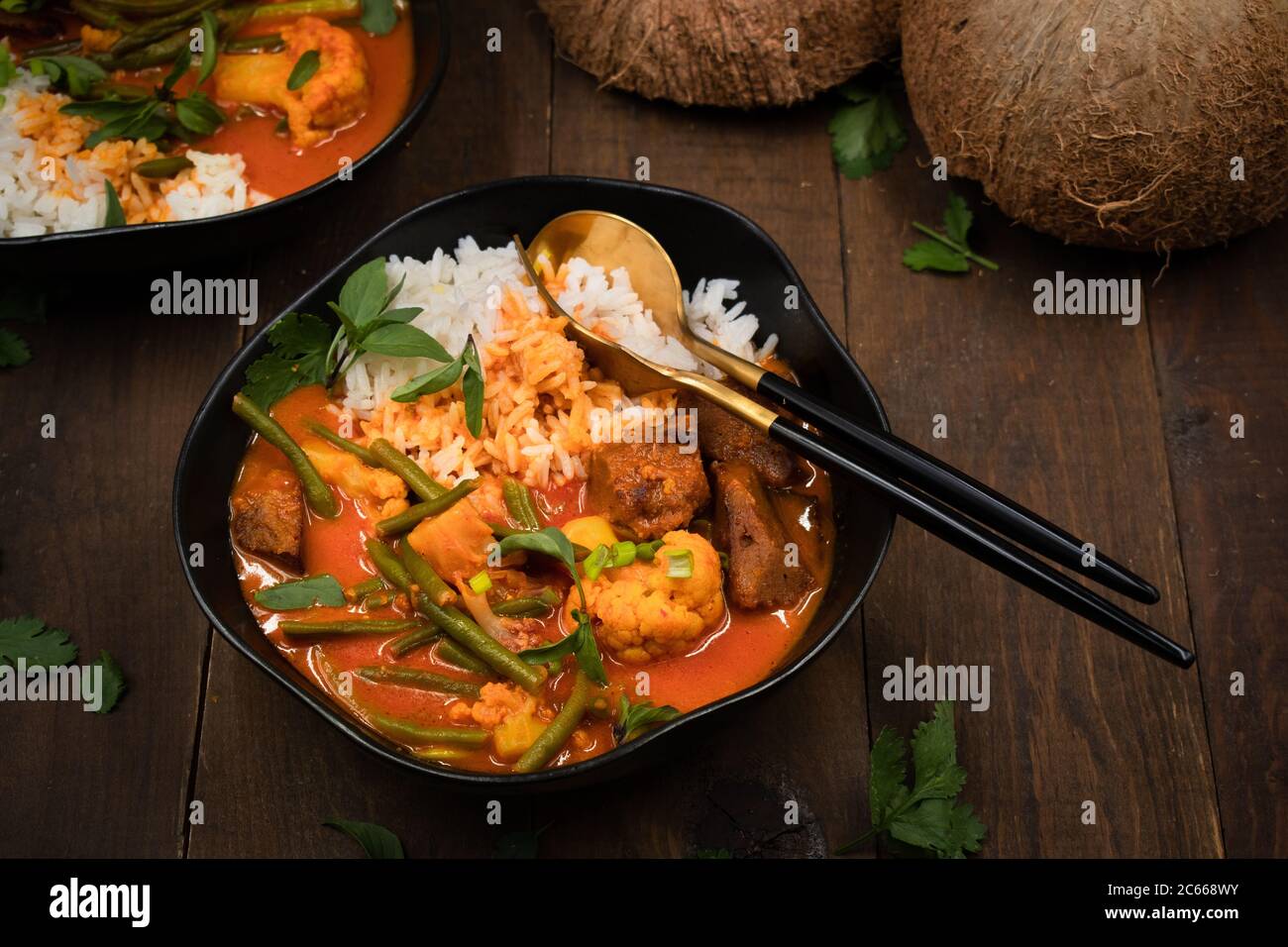 Vegan Thai red curry with seitan, beans and cauliflower over rice ...