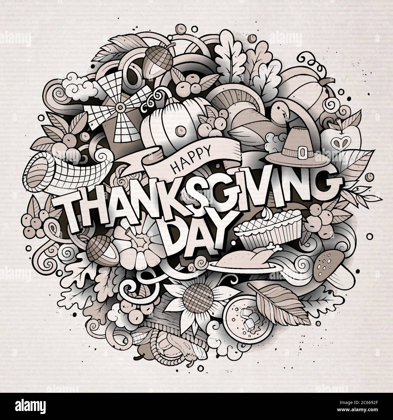 Cartoon cute doodles hand drawn Thanksgiving inscription Stock Vector ...