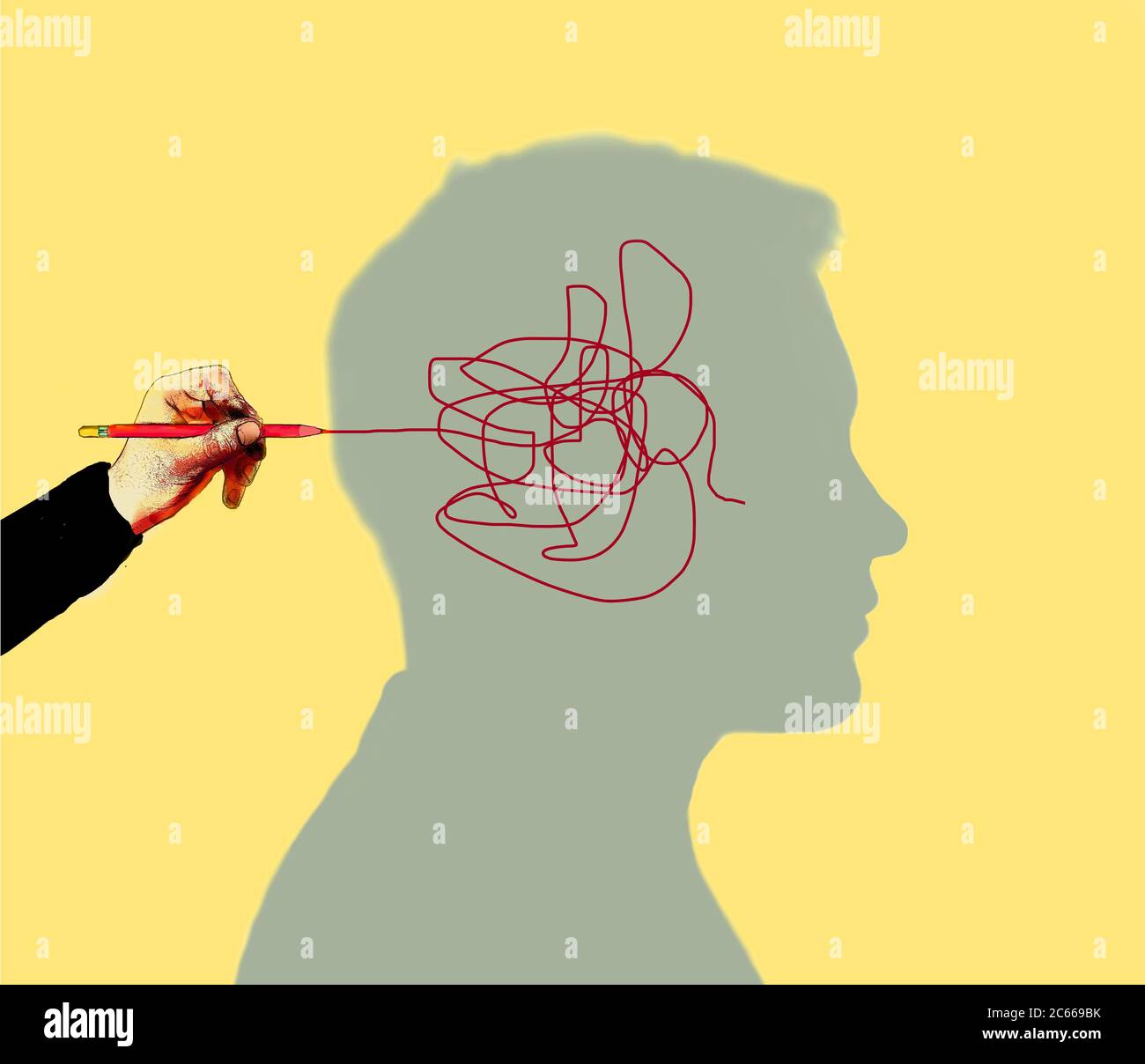 Hand drawing a tangled line inside a profile of a man's head Stock ...