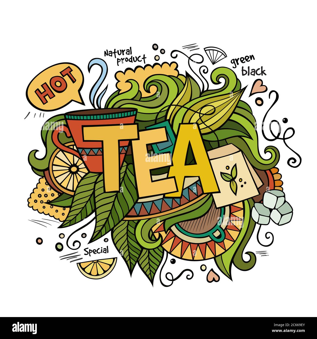 Tea hand lettering and doodles elements background Stock Vector Image ...