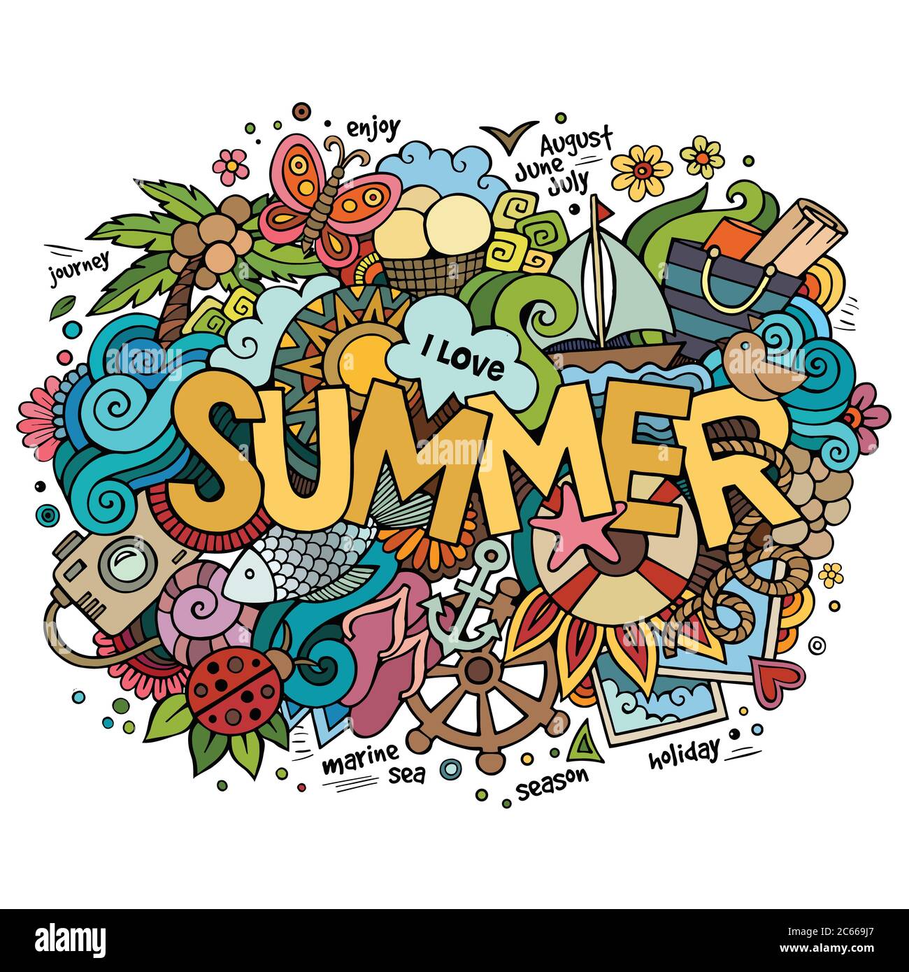 Summer hand lettering and doodles elements. Vector illustration Stock ...