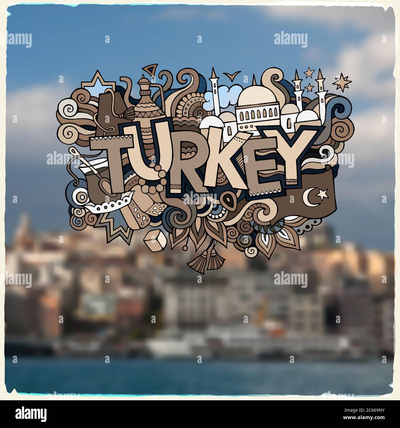 Turkey hand lettering and doodles elements background. Vector blurried ...