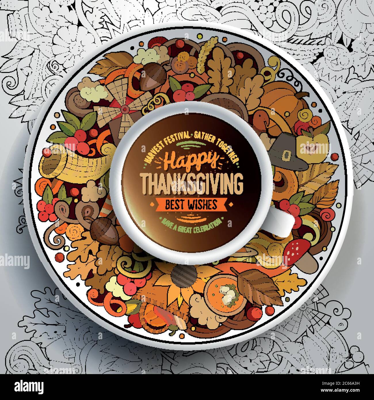 Cup of coffee with Thanksgiving doodle design Stock Vector Image & Art ...