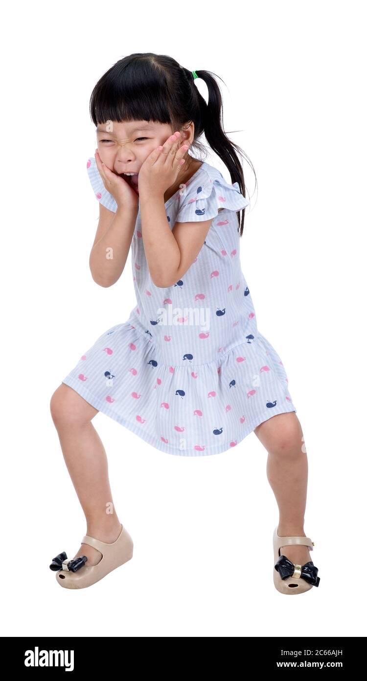 Asian little girl scream fear for something on white background Stock ...