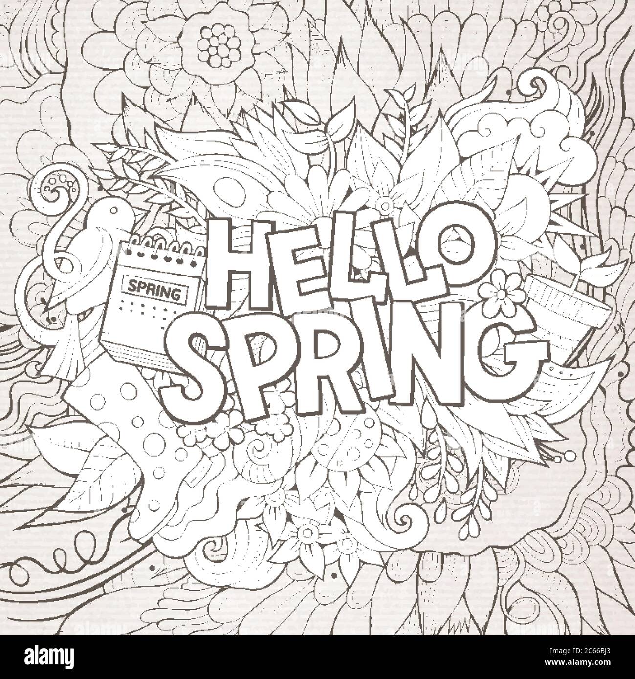 Cartoon cute doodles hand drawn Hello Spring illustration Stock Vector ...