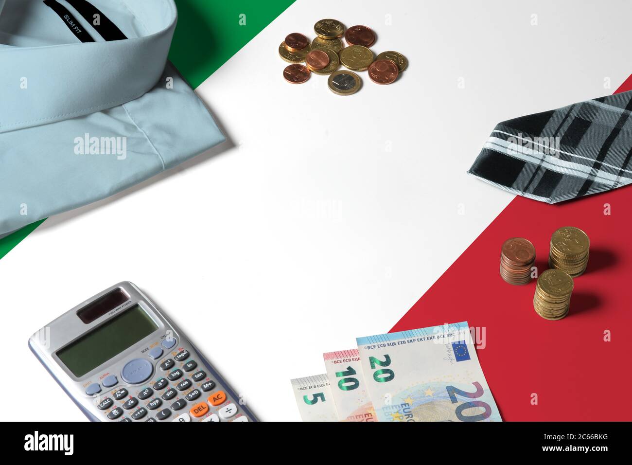 Italy flag on minimal money concept table. Coins and financial objects ...