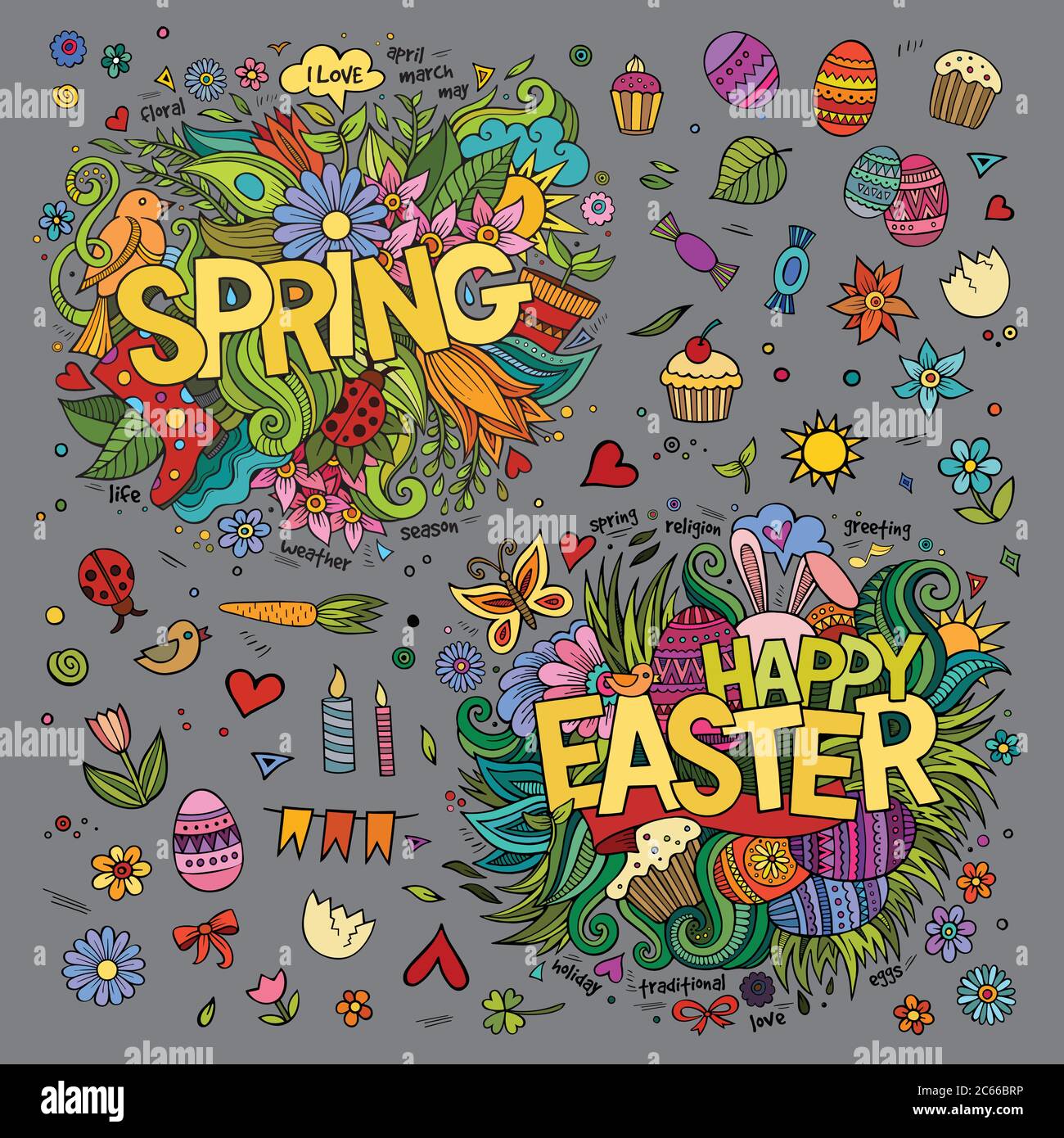 Easter and Spring hand lettering and doodles elements Stock Vector ...