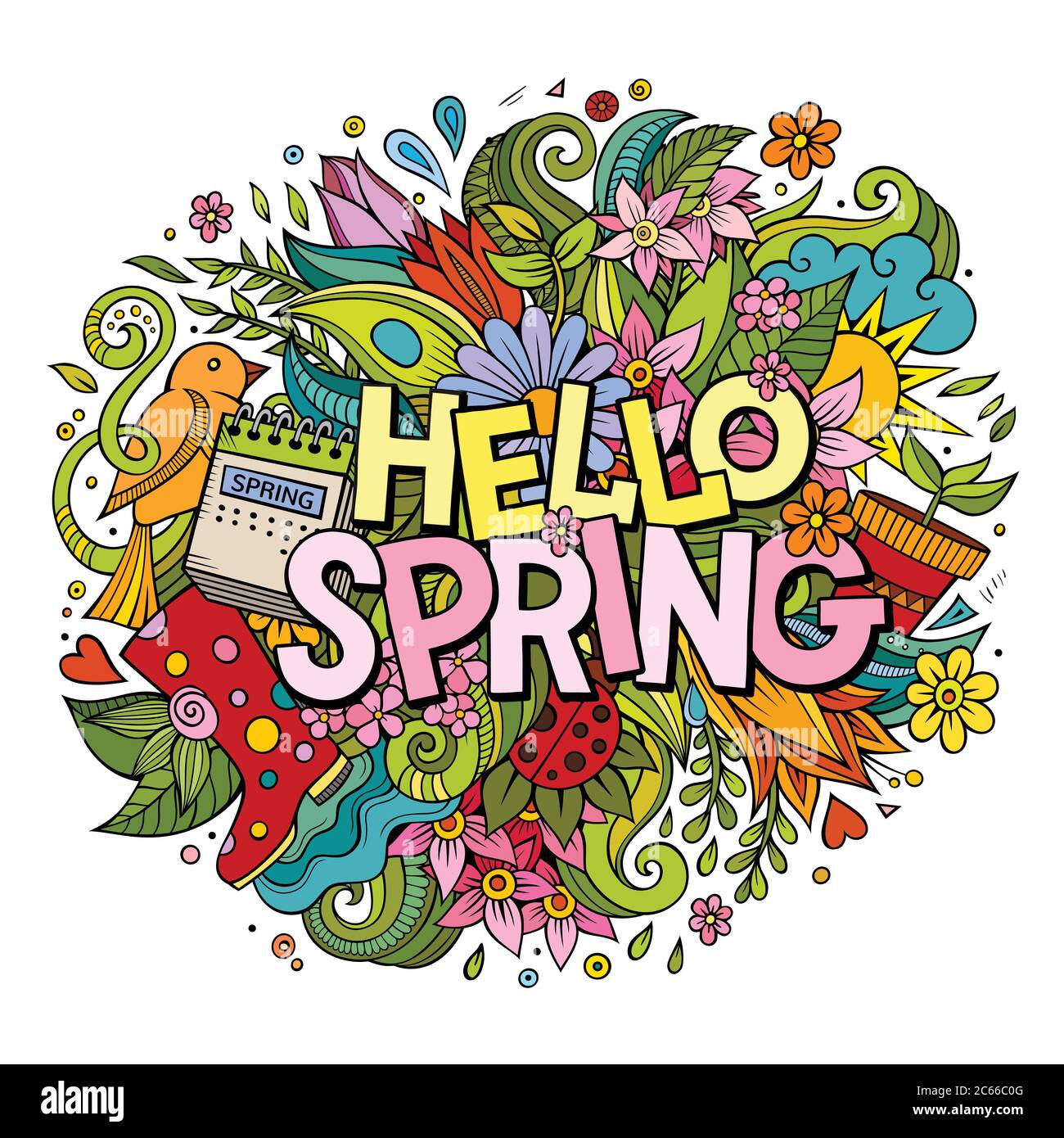 Cartoon cute doodles hand drawn Hello Spring illustration Stock Vector ...