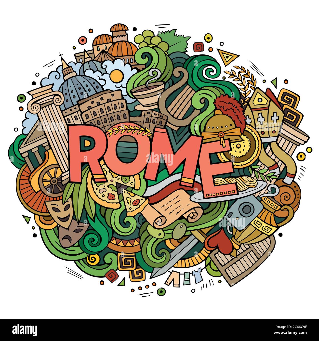 Cartoon cute doodles hand drawn Rome inscription Stock Vector Image ...