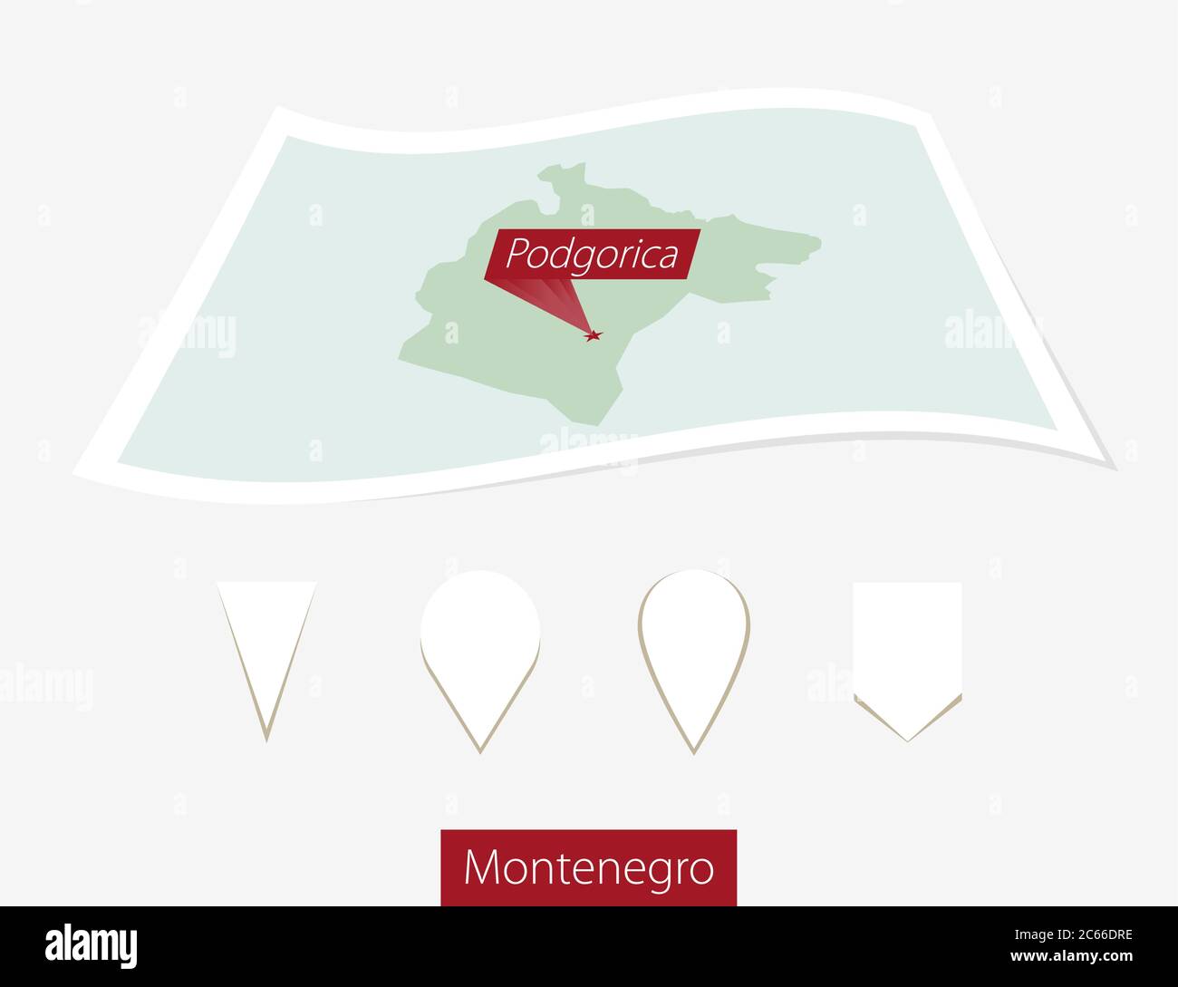Curved paper map of Montenegro with capital Podgorica on Gray ...