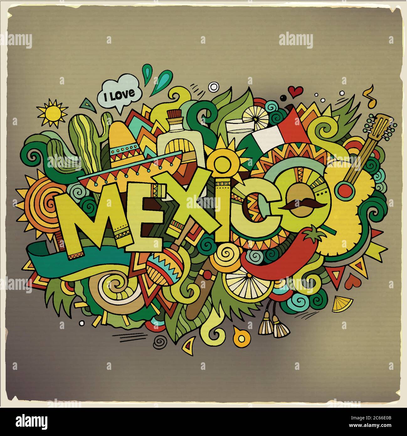 Mexico hand lettering and doodles elements background. Vector il Stock ...