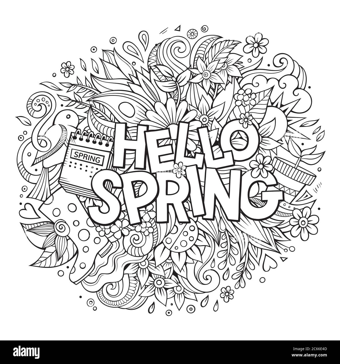 Cartoon cute doodles hand drawn Hello Spring illustration Stock Vector ...
