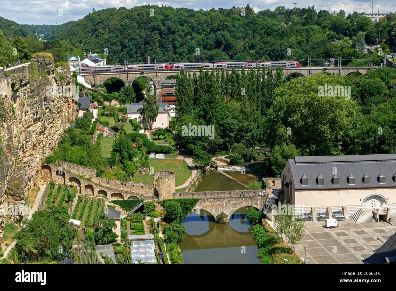 Bock Rock and Alzette Valley with railway viaduct, Luxembourg City ...