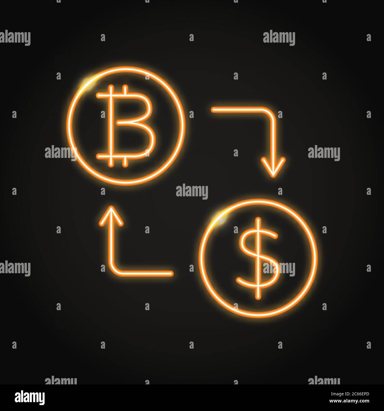 Dollar and bitcoin exchange icon in neon style. Cryptocurrency ...