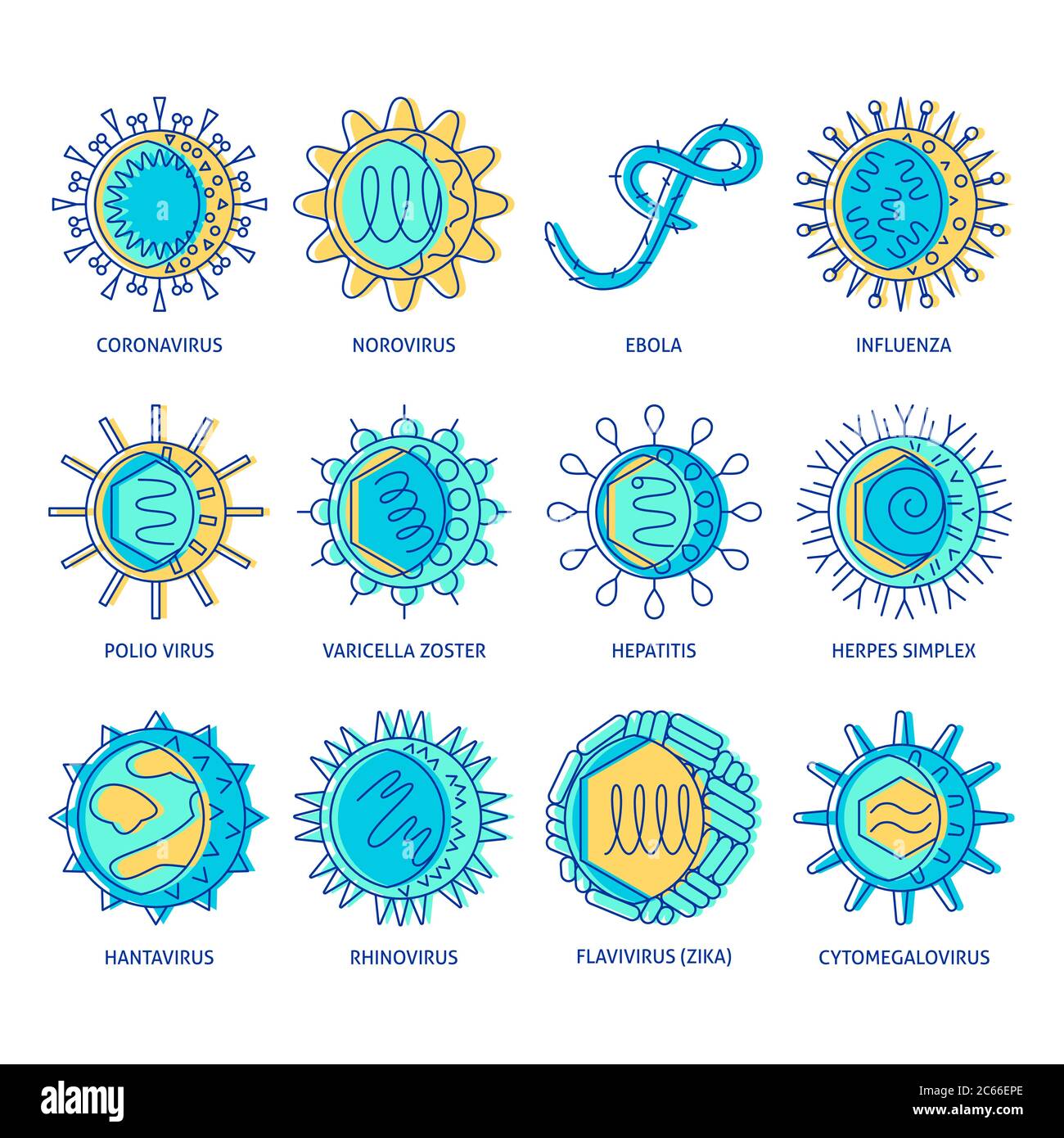 Human virus types icon set. Infectious microorganism symbols collection ...