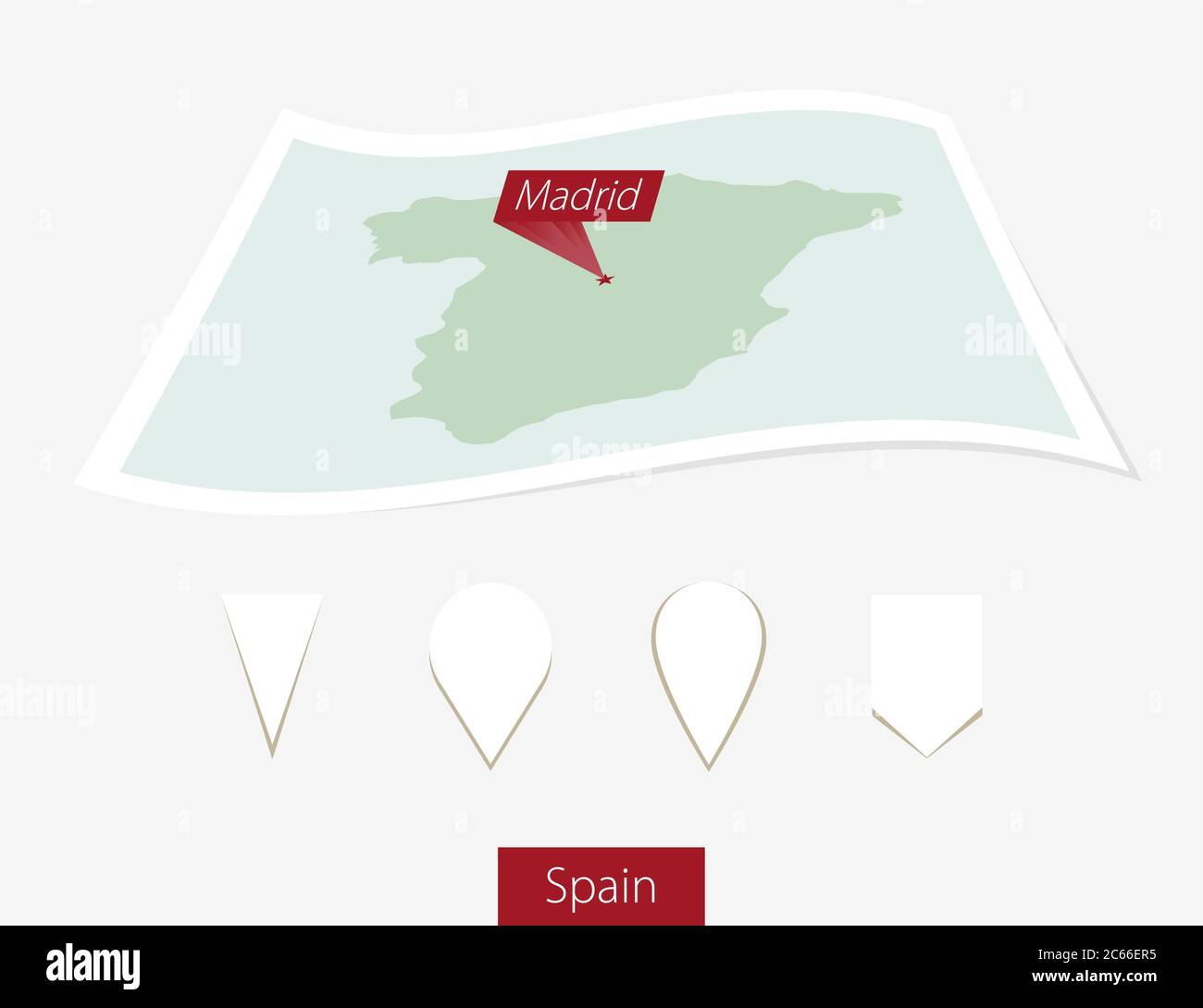 Curved paper map of Spain with capital Madrid on Gray Background. Four ...
