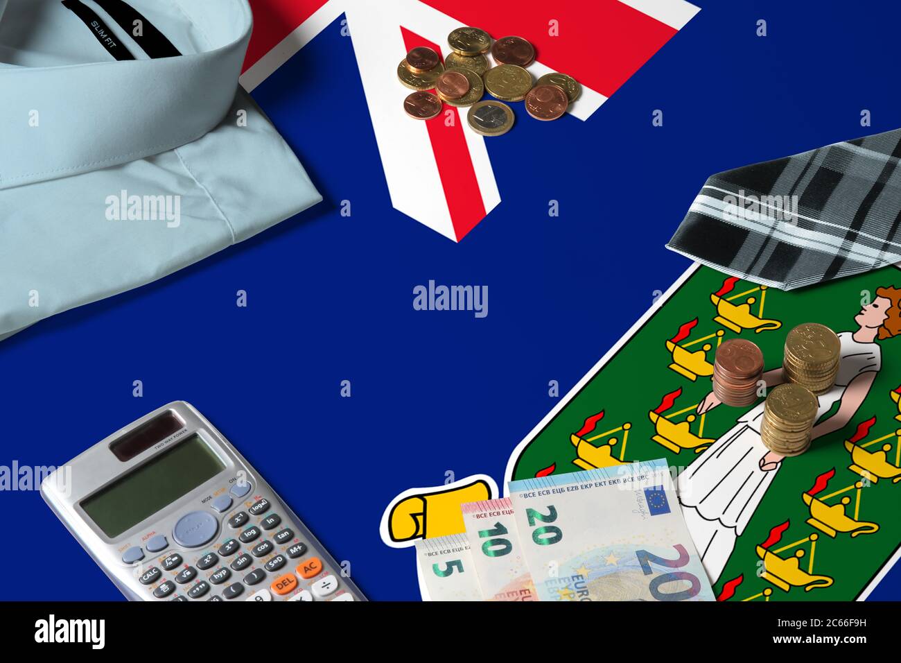 British Virgin Islands flag on minimal money concept table. Coins and ...