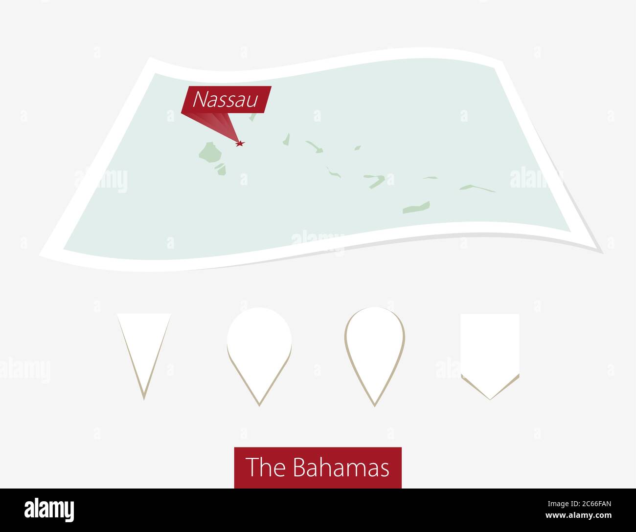 Curved paper map of The Bahamas with capital Nassau on Gray Background ...