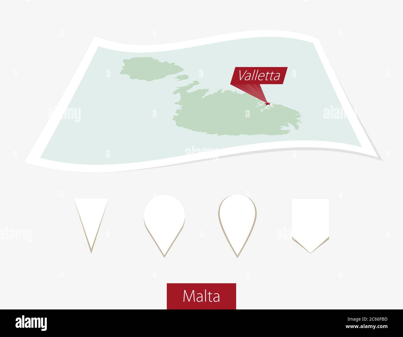 Curved paper map of Malta with capital Valletta on Gray Background ...