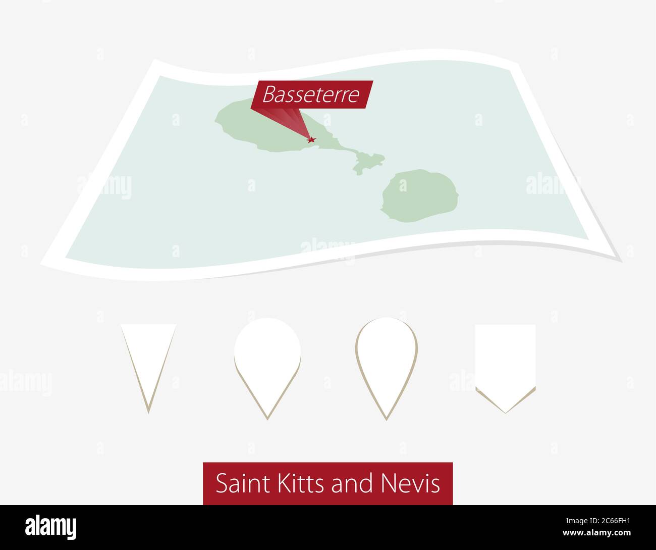 Curved paper map of Saint Kitts and Nevis with capital Basseterre on ...