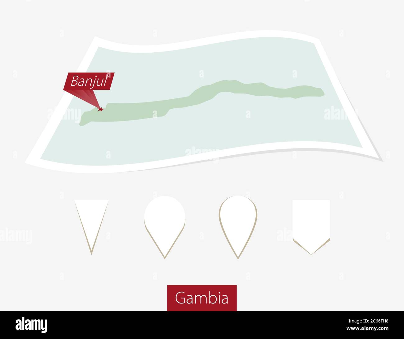 Curved paper map of Gambia with capital Banjul on Gray Background. Four ...