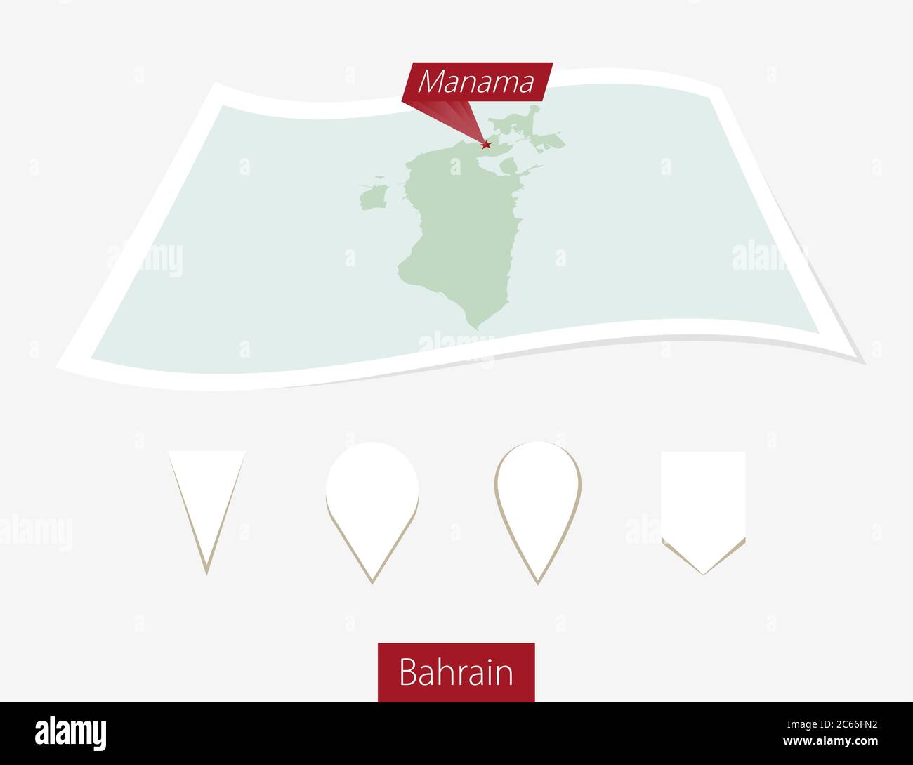Curved paper map of Bahrain with capital Manama on Gray Background ...