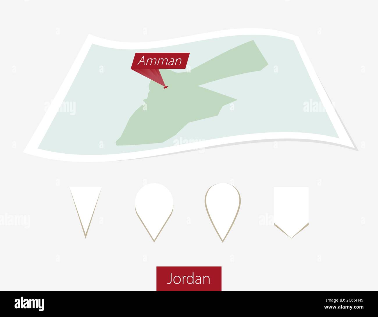 Curved paper map of Jordan with capital Amman on Gray Background. Four ...