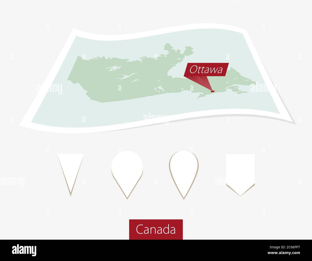 Curved paper map of Canada with capital Ottawa on Gray Background. Four ...